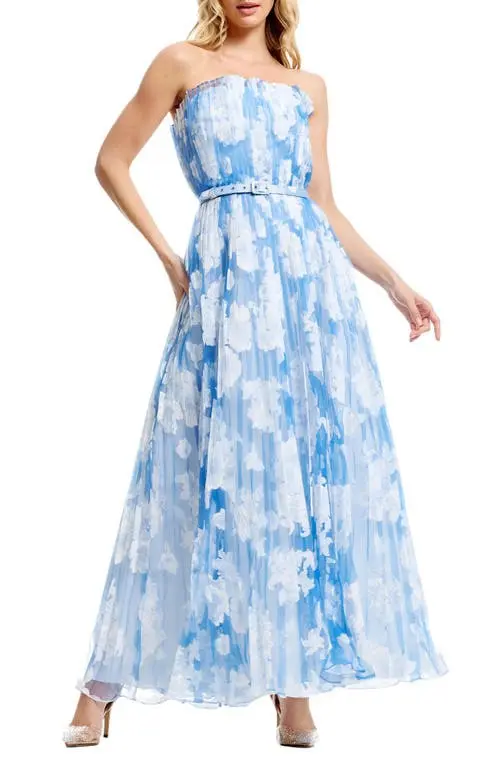Dress The Population Verity Pleated Belted Strapless Gown - Sky Multi