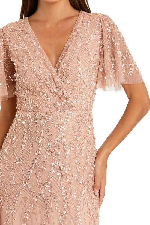 Mac Duggal Embellished Flutter Sleeve Evening Gown