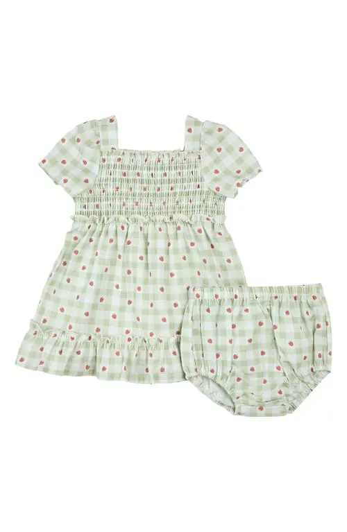 PETIT LEM Strawberry Gingham Organic Cotton Dress & Bloomers Set - Light Green