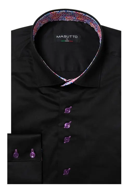 MASUTTO Lian Solid 3 Button-up Long Sleeve Shirt - Black