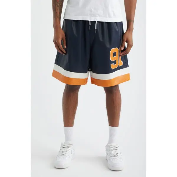 CRIMINAL DAMAGE Stadium Perforated Faux Leather Shorts - Navy/orange/ecru