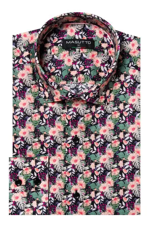 MASUTTO Calama Print Button-up Long Sleeve Shirt - Black