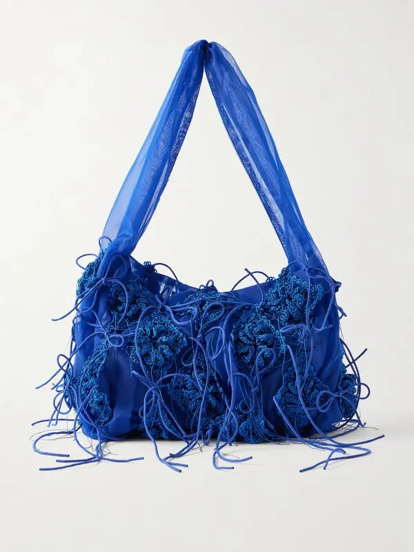 PAULINE DUJANCOURT Fringed Crochet And Lace-trimmed Organza Shoulder Bag - Blue