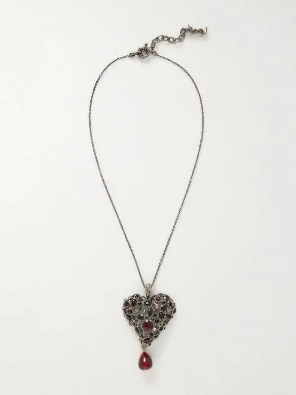 Saint Laurent Tone Crystal Heart Necklace - Silver
