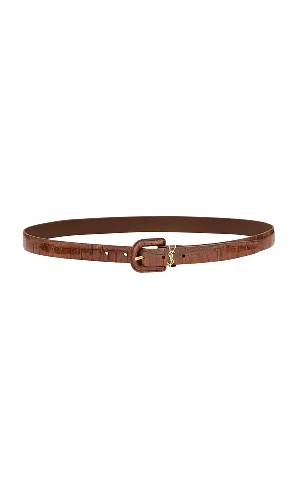 Saint Laurent Cassandre Croc-effect Leather Belt - Brown