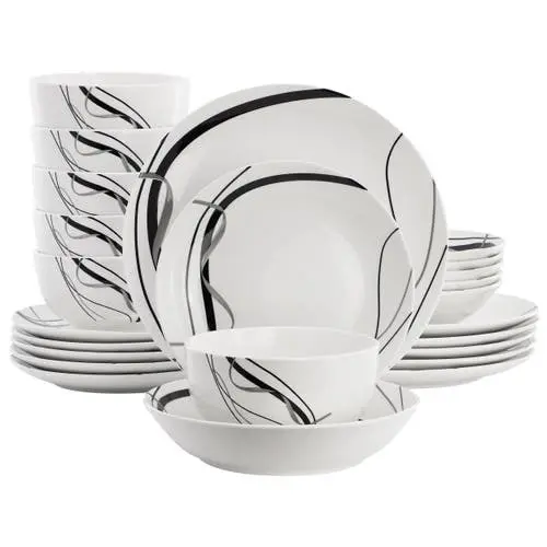 ELAMA Sarah 24 Piece Porcelain Double Bowl Dinnerware Set - White