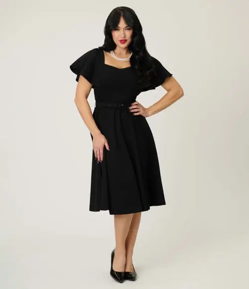 Unique Vintage Flutter Sleeve Belted Swing Dress - Solid Black