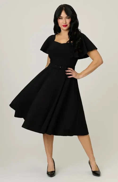 Unique Vintage Flutter Sleeve Belted Swing Dress