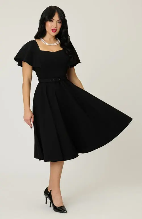 Unique Vintage Flutter Sleeve Belted Swing Dress