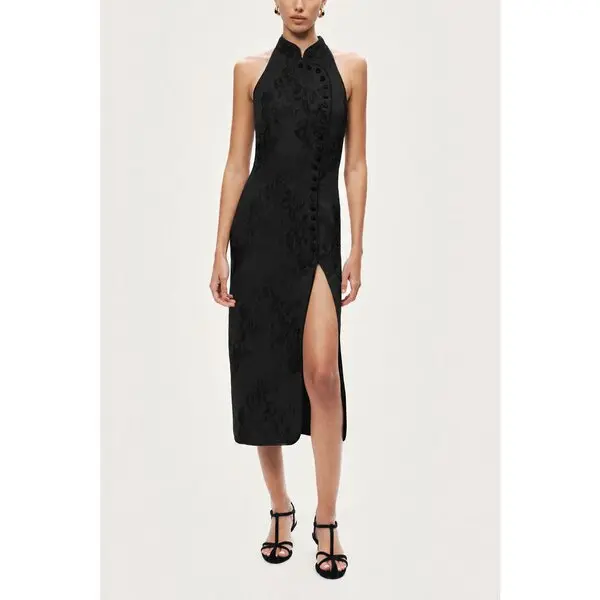NOCTURNE High-neck Button-detailed Midi Dress - Black