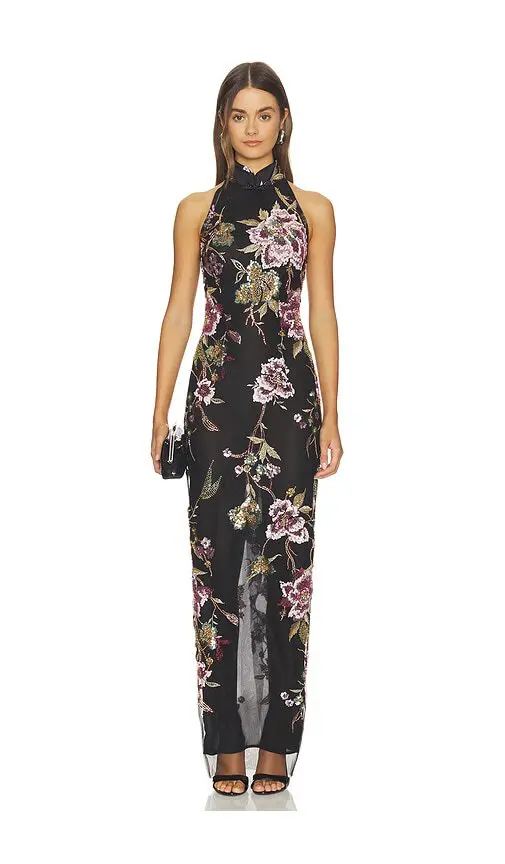 SAU LEE Embroidered Floral Halter Neck Maxi Dress