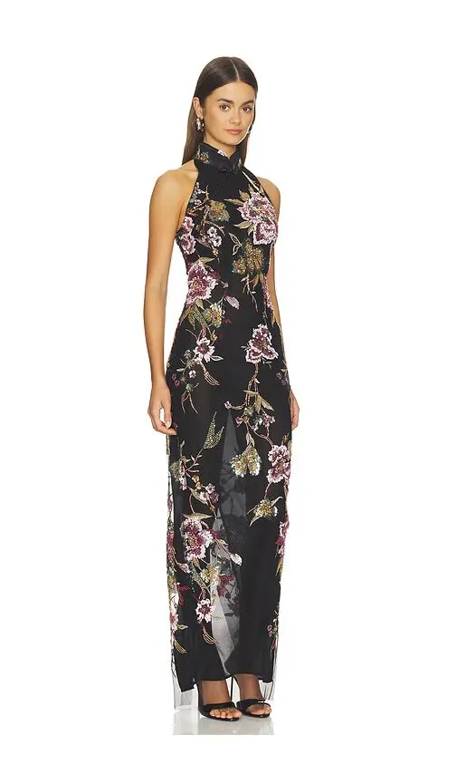 SAU LEE Embroidered Floral Halter Neck Maxi Dress