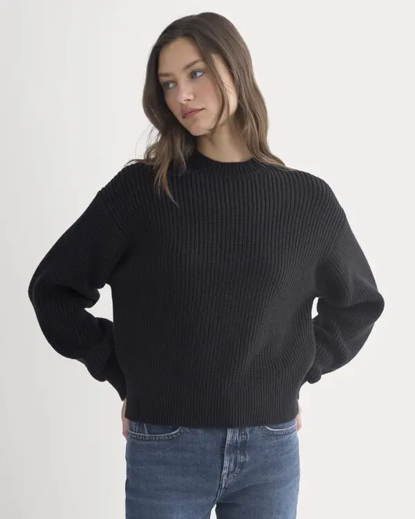 Everlane Cropped Ribbed Crew Neck Everyday Cotton Sweater - Black