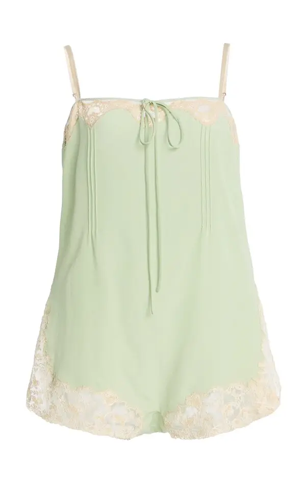 Saint Laurent Lace-trimmed Silk Crepe De Chine Romper - Green