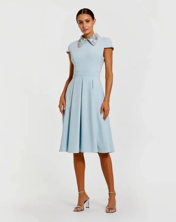 Mac Duggal Embellished Collar A-line Midi Dress - Blue