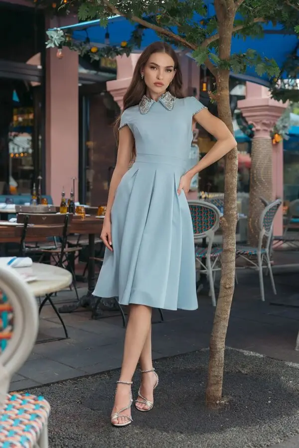 Mac Duggal Embellished Collar A-line Midi Dress - Blue
