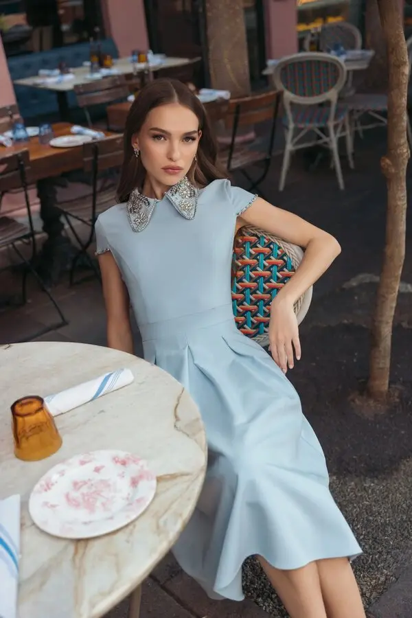 Mac Duggal Embellished Collar A-line Midi Dress - Blue