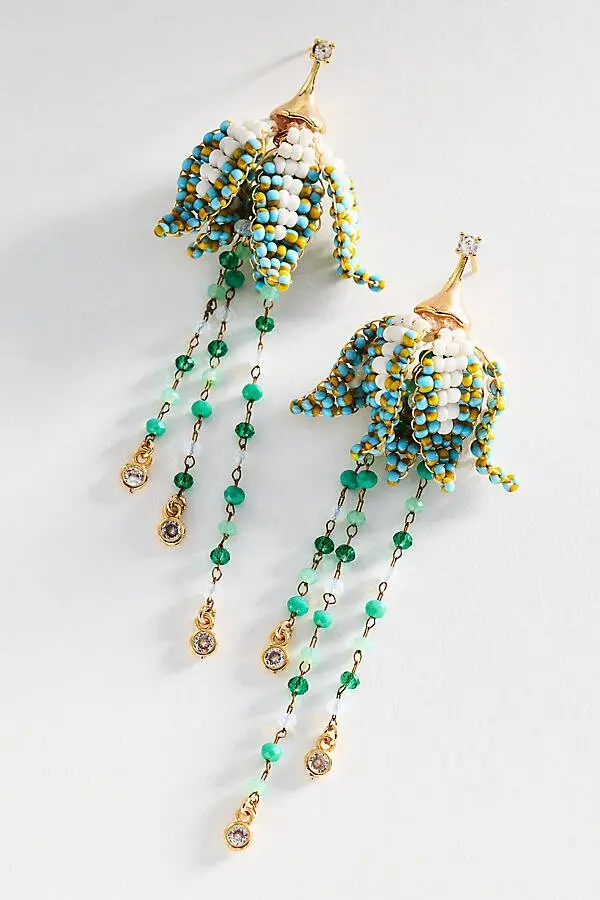 Anthropologie Cascading Beaded Flower Drop Earrings - Green