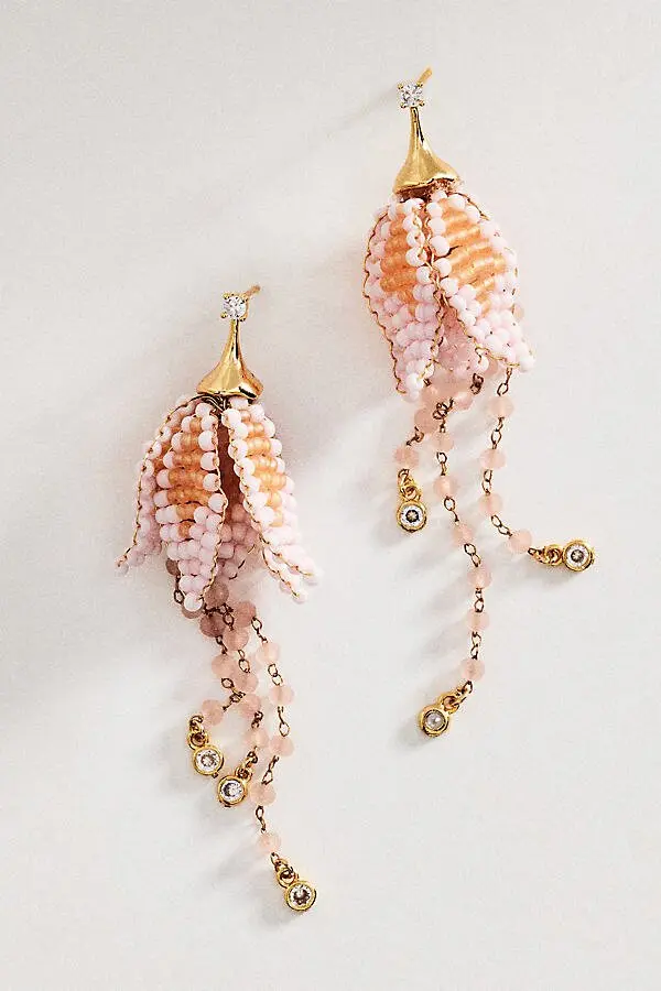 Anthropologie Cascading Beaded Flower Drop Earrings - Pink