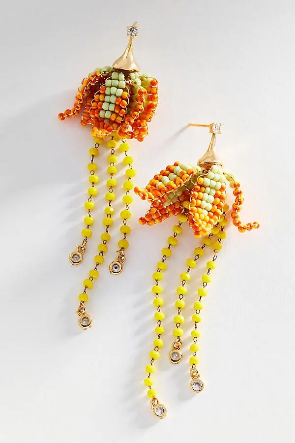 Anthropologie Cascading Beaded Flower Drop Earrings - Yellow Pattern
