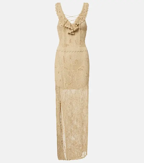 Isabel Marant Ornella Beaded Crochet Maxi Dress - Beige