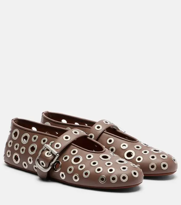 Alaïa Embellished Leather Ballet Flats - Brown