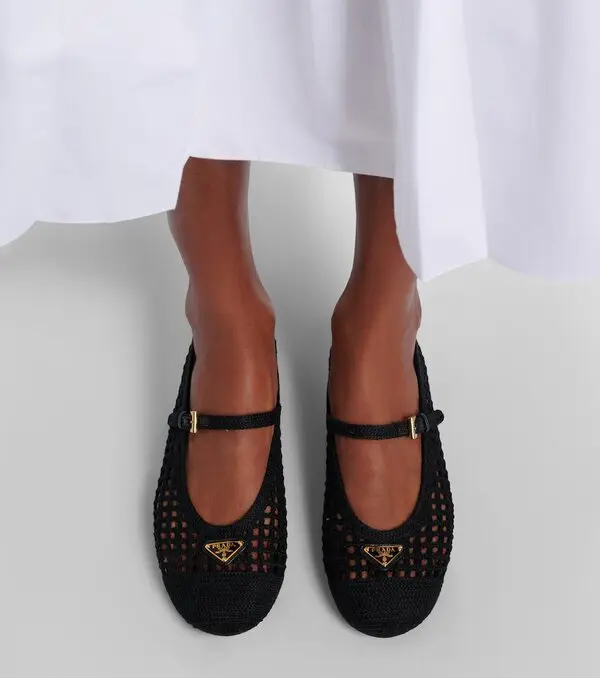 Prada Crochet Mary Jane Flats - Black
