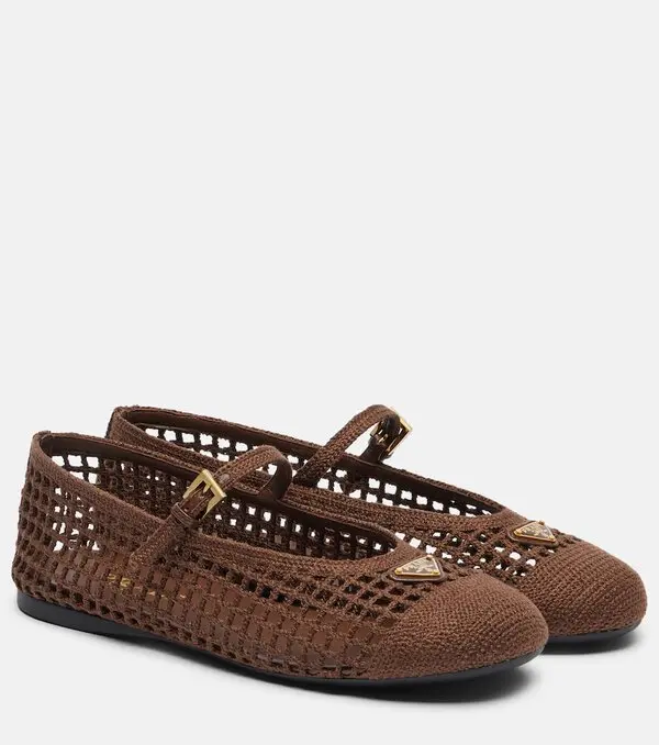 Prada Crochet Mary Jane Flats - Brown