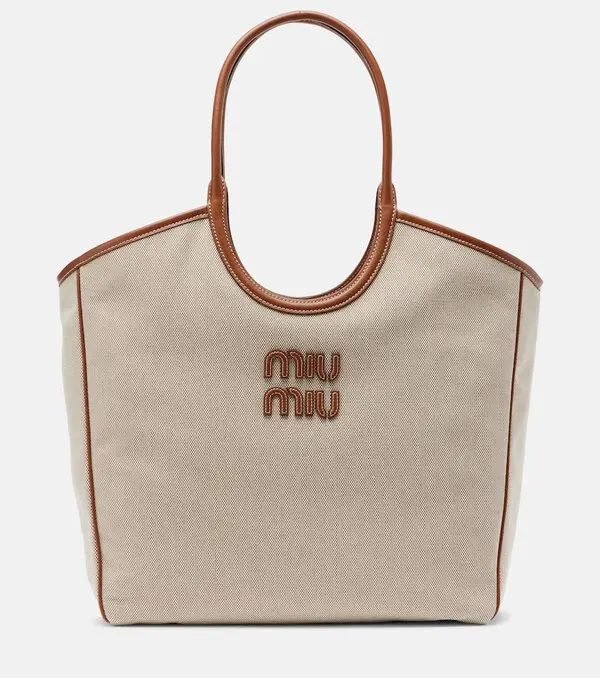 Miu Miu Canvas Shopper With Leather Trim - Beige