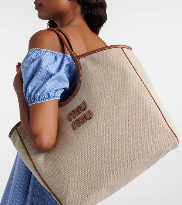 Miu Miu Canvas Shopper With Leather Trim