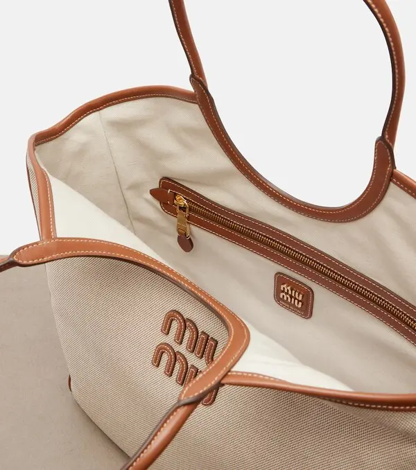 Miu Miu Canvas Shopper With Leather Trim