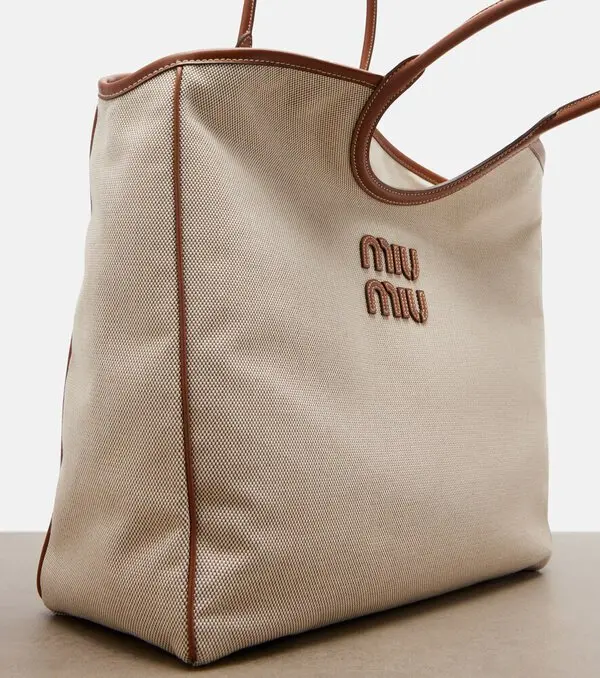 Miu Miu Canvas Shopper With Leather Trim