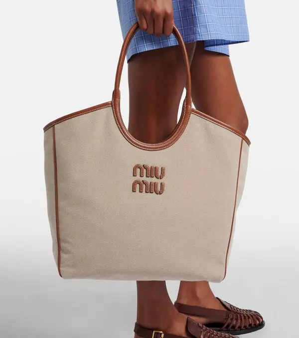 Miu Miu Canvas Shopper With Leather Trim