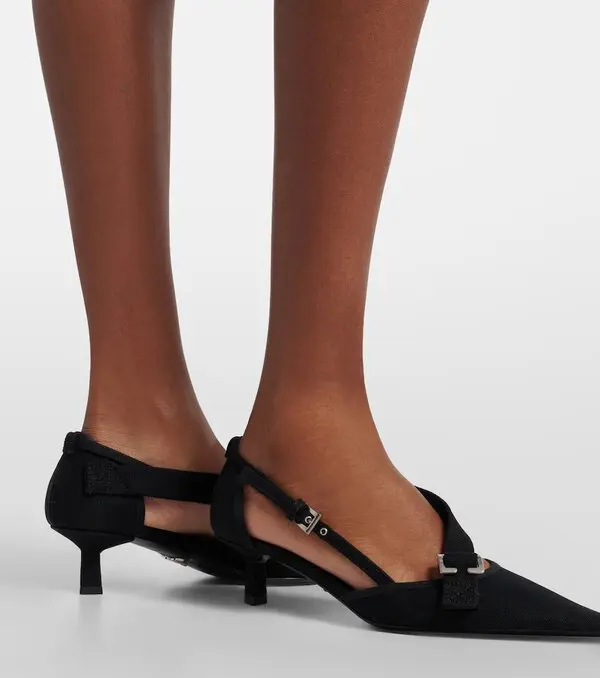 Prada Pointed Toe Buckled Canvas Pumps - Black