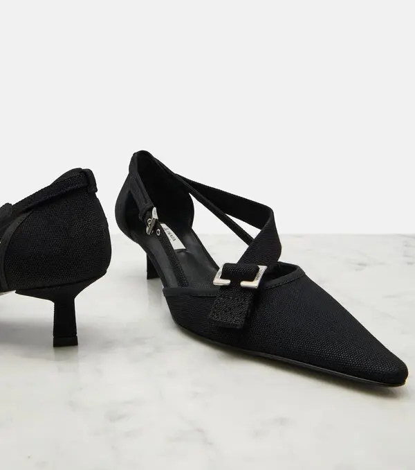 Prada Pointed Toe Buckled Canvas Pumps - Black
