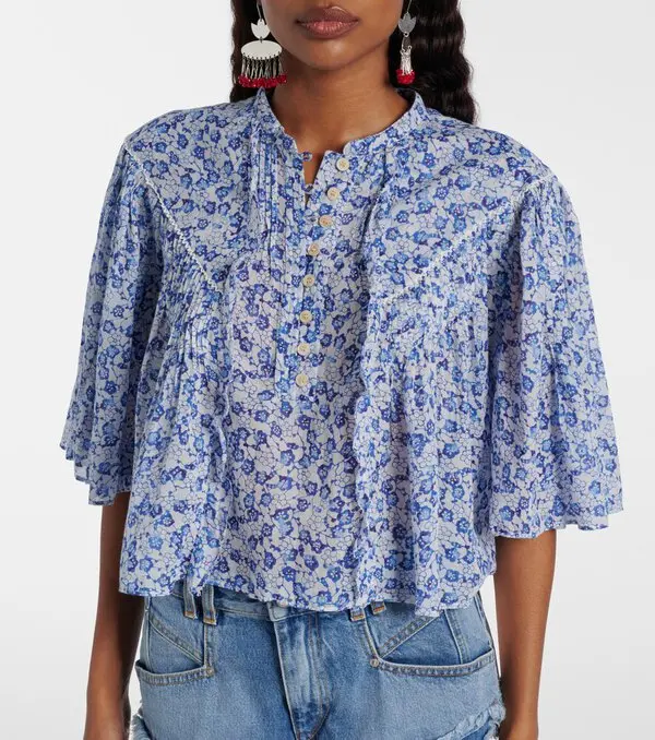 MARANT ETOILE Floral Organic Cotton Veelia Top - Blue