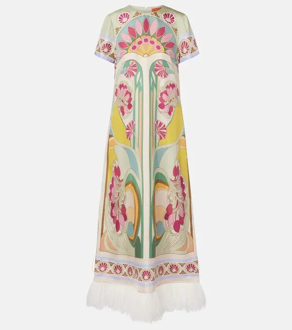 La DoubleJ Swing Feather-trimmed Silk Twill Maxi Dress