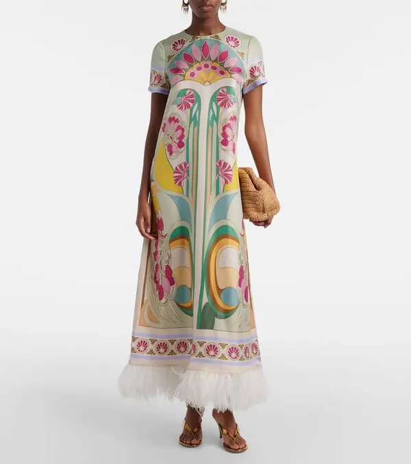 La DoubleJ Swing Feather-trimmed Silk Twill Maxi Dress
