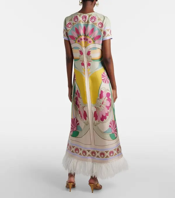 La DoubleJ Swing Feather-trimmed Silk Twill Maxi Dress