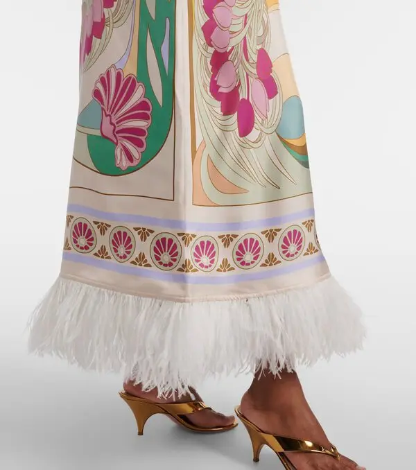 La DoubleJ Swing Feather-trimmed Silk Twill Maxi Dress