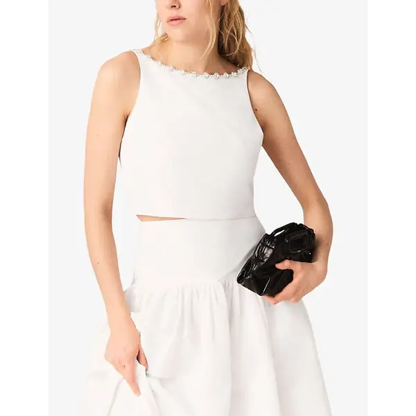 Maje Sleeveless Jewelled-collar Taffeta Cropped Top