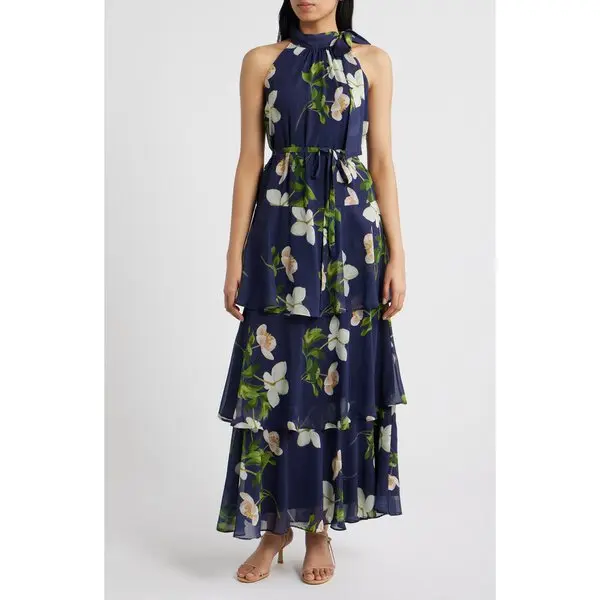 Julia Jordan Floral Tiered Gown With Tie Neck