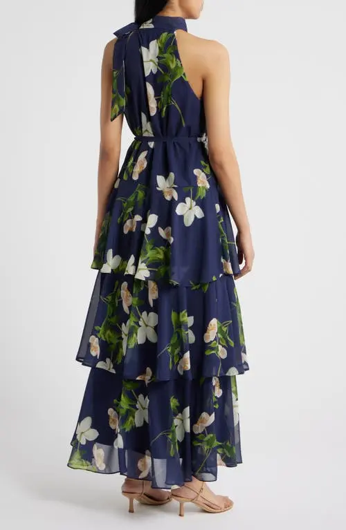 Julia Jordan Floral Tiered Gown With Tie Neck