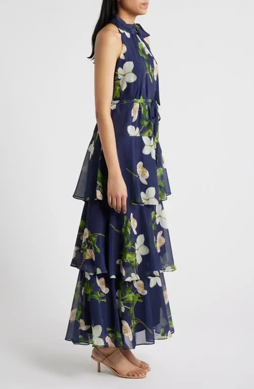 Julia Jordan Floral Tiered Gown With Tie Neck