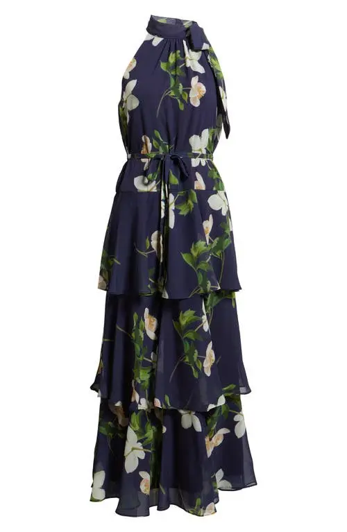 Julia Jordan Floral Tiered Gown With Tie Neck