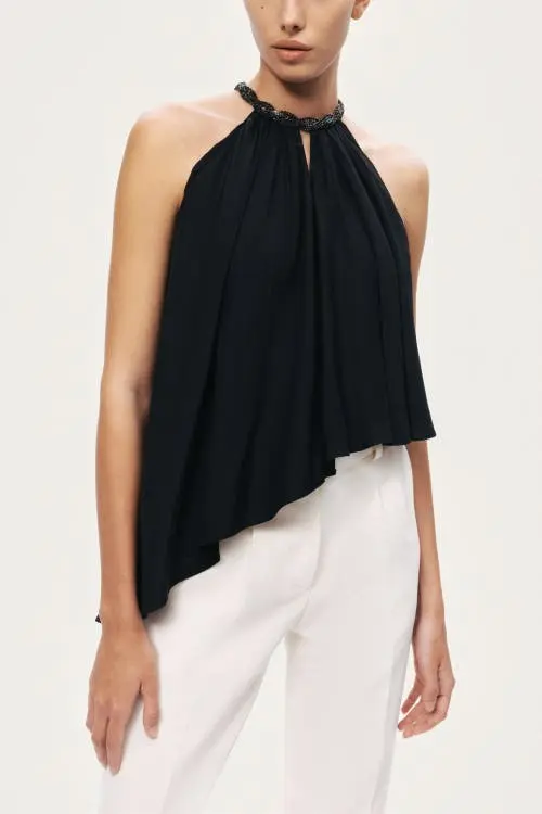 NOCTURNE Embellished Halter Blouse - Black