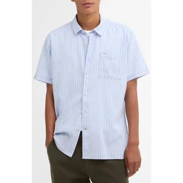 Barbour Nelson Stripe Short Sleeve Linen & Cotton Button-up Shirt - Blue