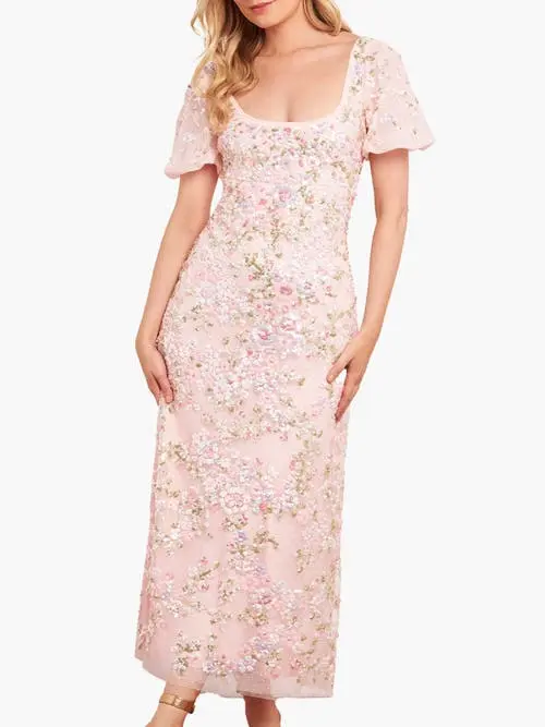 NEEDLE & THREAD Dream Garland Puff Sleeve Maxi Gown - Seashell/multi