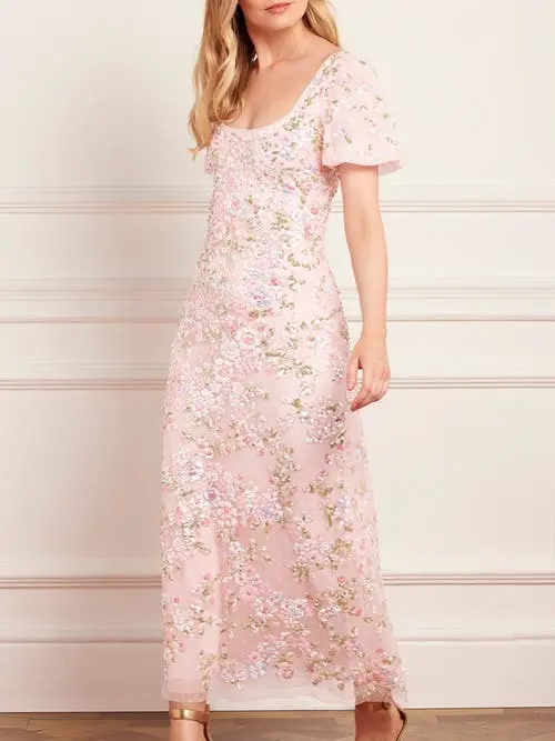 NEEDLE & THREAD Dream Garland Puff Sleeve Maxi Gown - Seashell/multi
