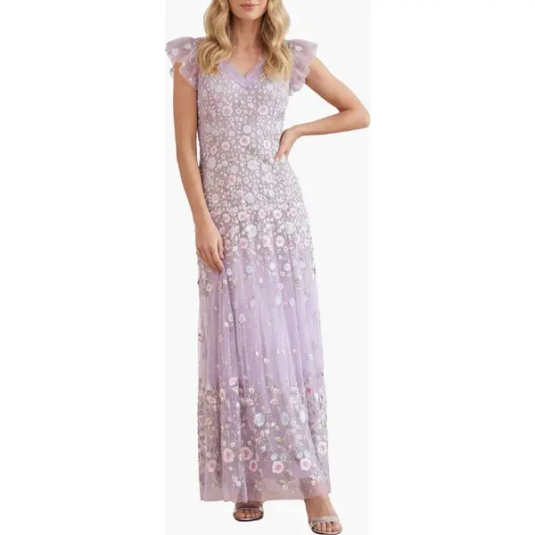 NEEDLE & THREAD Ethereal Blooms Short Sleeve Ankle Gown - Lavender/multi